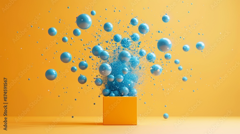 3D illustration of blue spheres exploding out of a yellow box, set ...