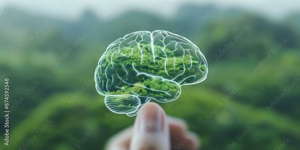 Human brain depicted as a diverse landscape map with green background ...