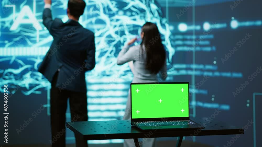 Teamworking AI technicians using green screen laptop for business data analysis. Team of IT ...