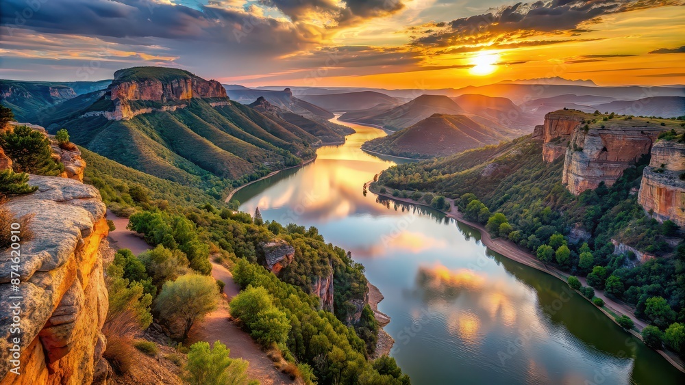 Sunset view of the mountain formations and the Ebro river from the San ...