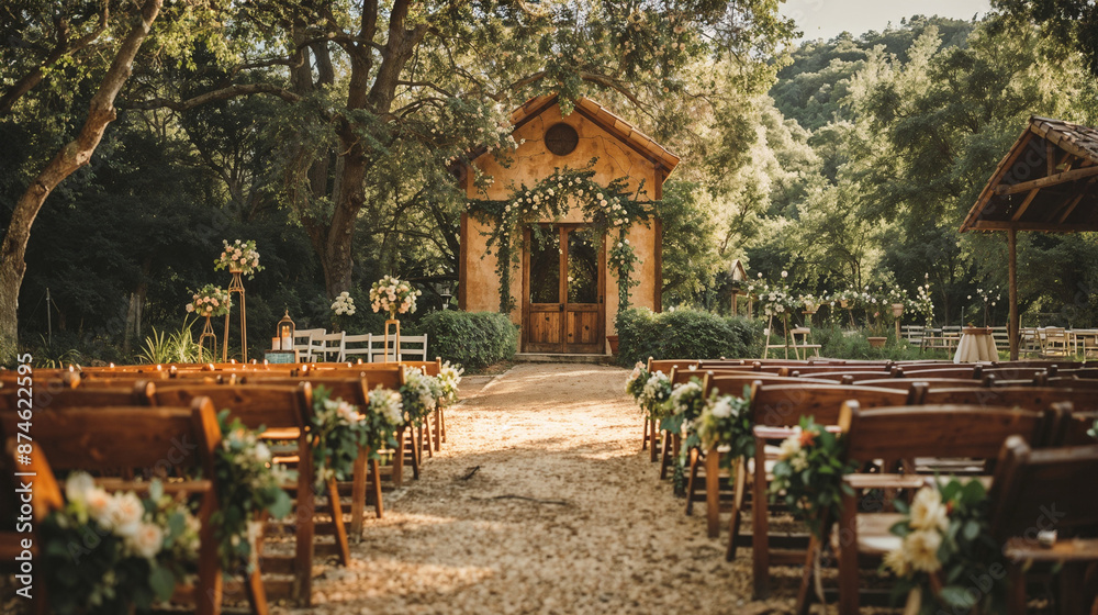 Rustic outdoor wedding chapel in lush forest setting. Wooden benches ...