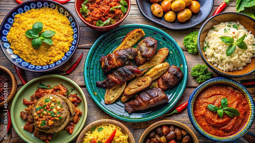 Vibrant arrangement of various African traditional dishes including ...