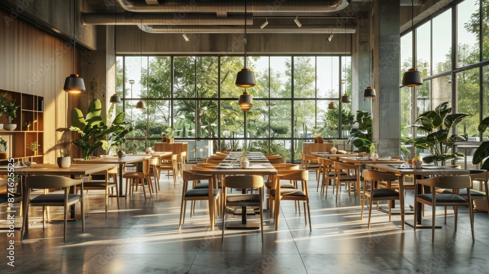 modern office lunch room with large wooden tables and chairs, featuring ...