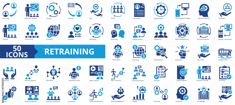 Retraining icon collection set. Containing process, learning, skill ...
