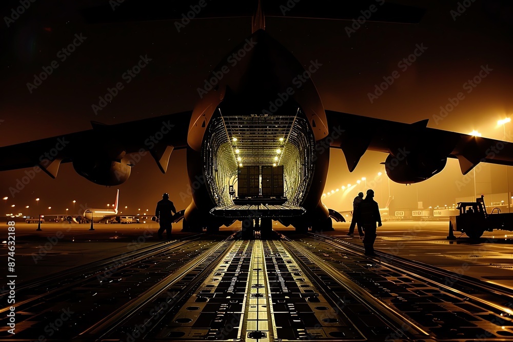 Cargo plane with open cargo bay at night, ready for loading. Stock ...