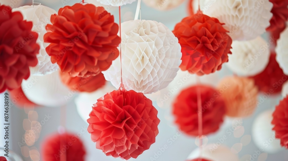 Hanging tissue paper balls in bold red and white create the illusion of ...
