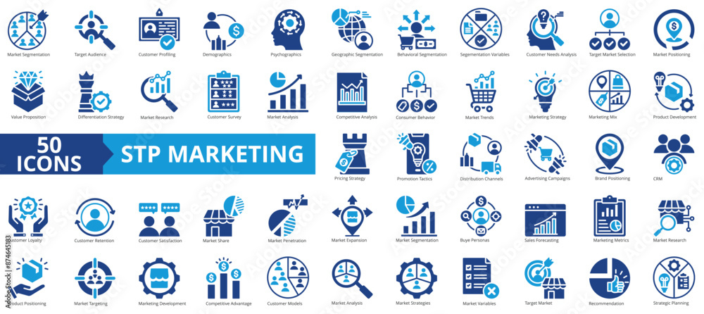 Stp marketing icon collection set. Containing target audience, customer ...