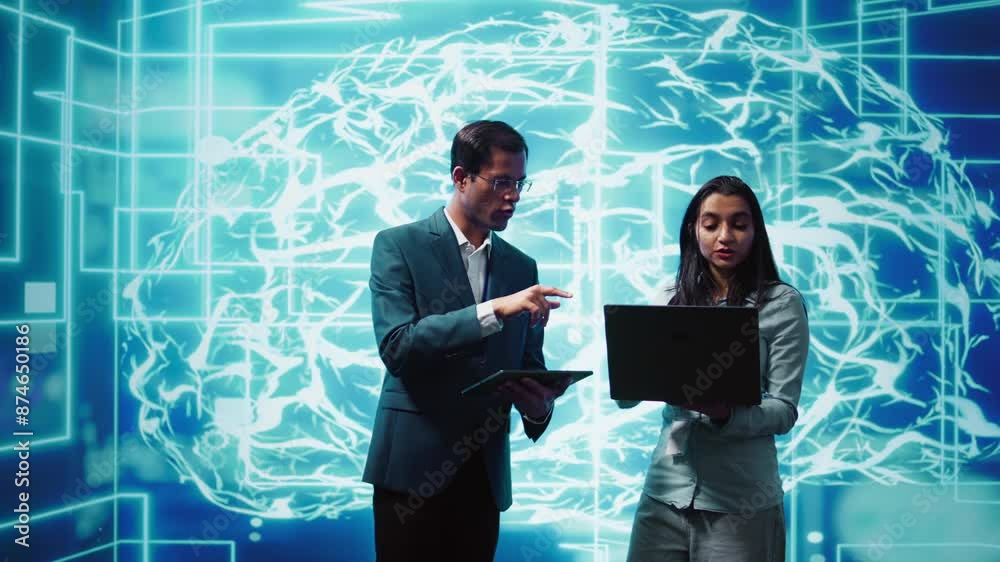 Coworkers using AI neural networks modeled after human brain, brainstorming ways to solve ...