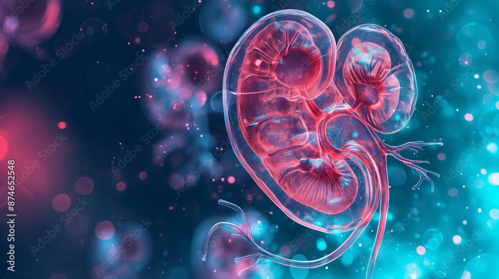 3D Illustration of a human kidney with red blood cells, concept for ...