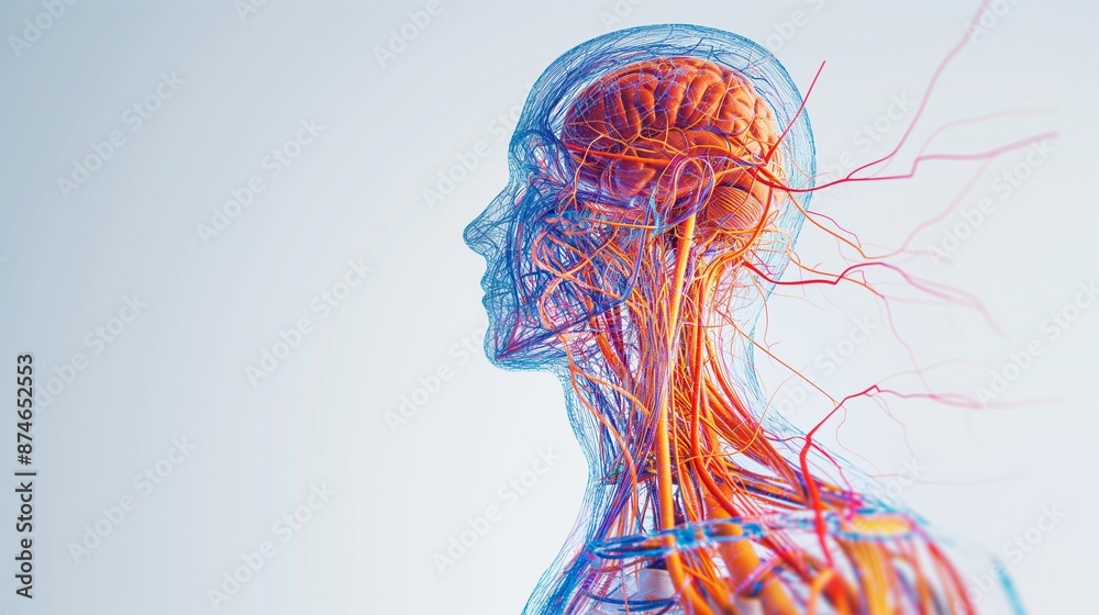 Human Anatomy. Side view of a transparent head and upper body showing ...