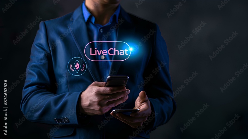 Businessman using a smartphone and wearing a blue suit holds a chat ...