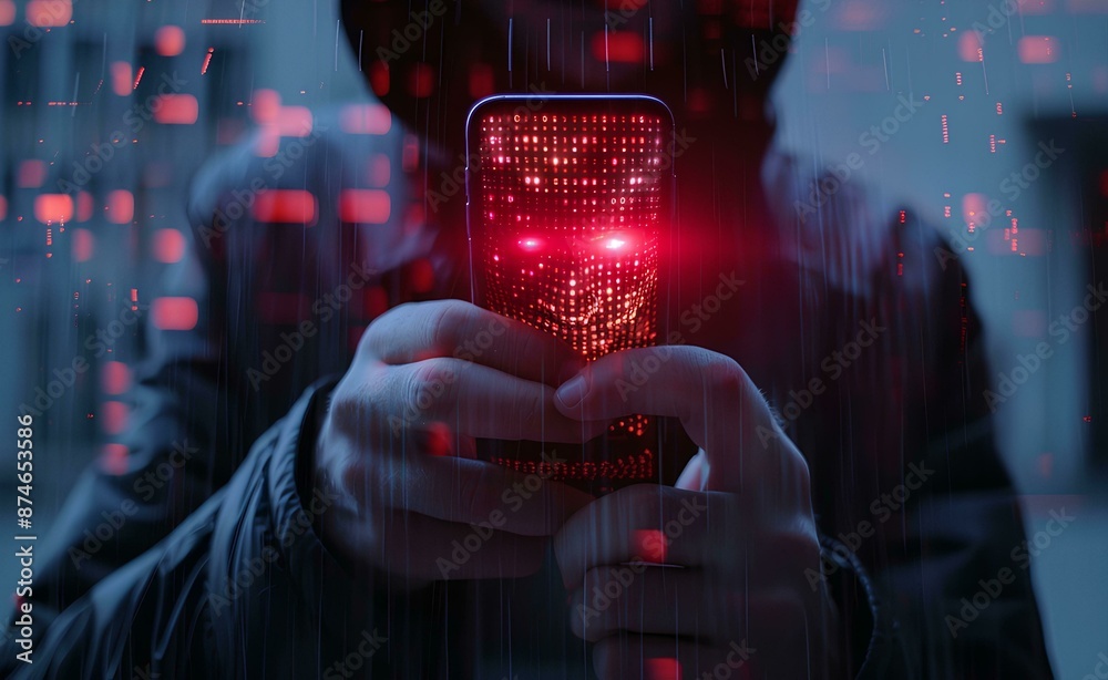 A man holding his smartphone with a red scary face icon and binary code ...