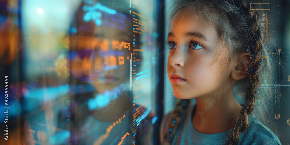 child using artificial intelligence on virtual screen with a simple ...