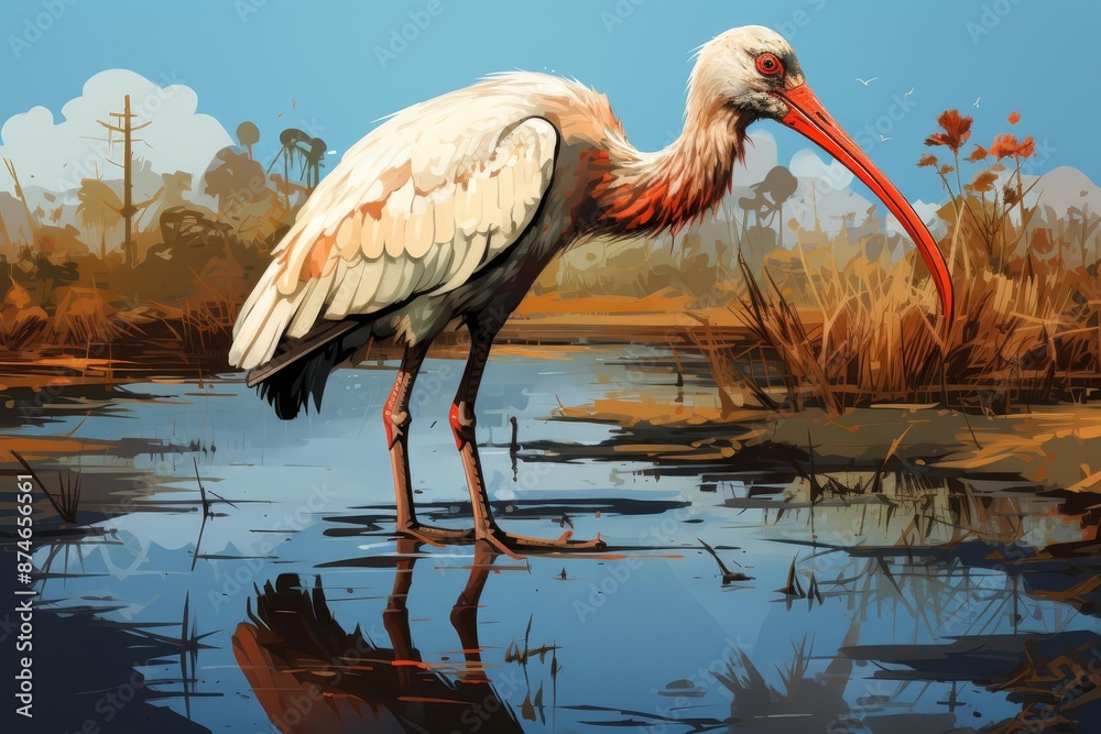 Ibis probing mud with its beak flat design side view swamp theme water ...