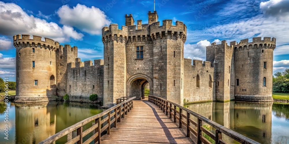 Medieval castle with stone walls, towers, and a drawbridge over a moat ...