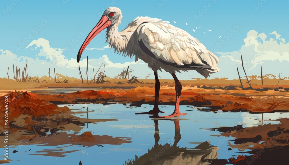 Ibis probing mud with its beak flat design front view marsh theme ...