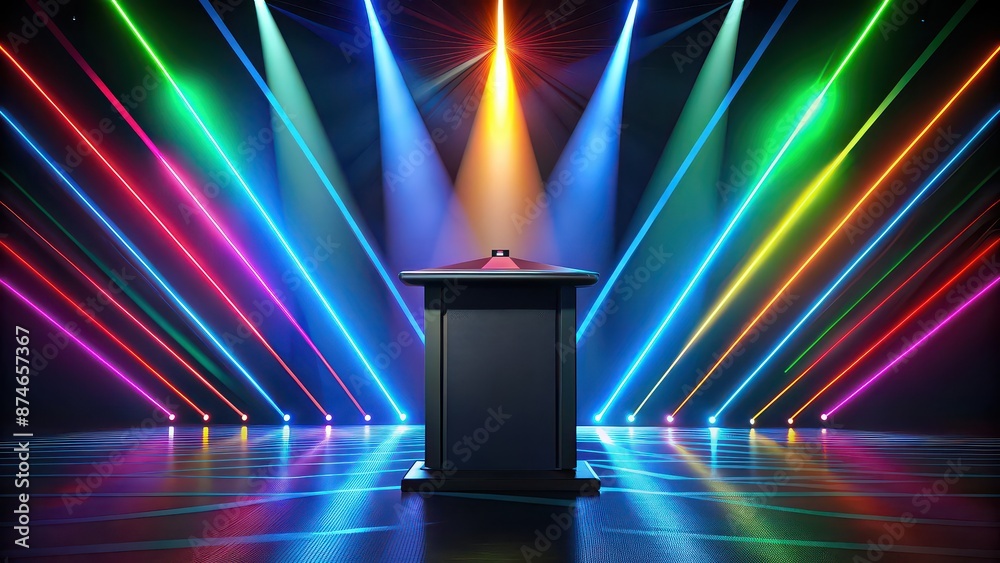 Matte black angular podium with colorful laser beams in dark room ...