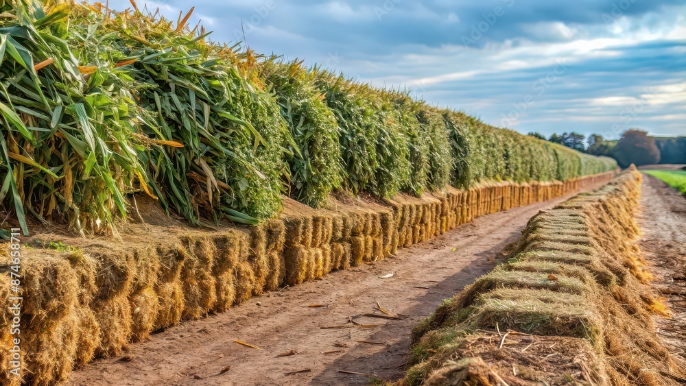 Silage from corn ready for laying in silo trench for cattle feed in ...