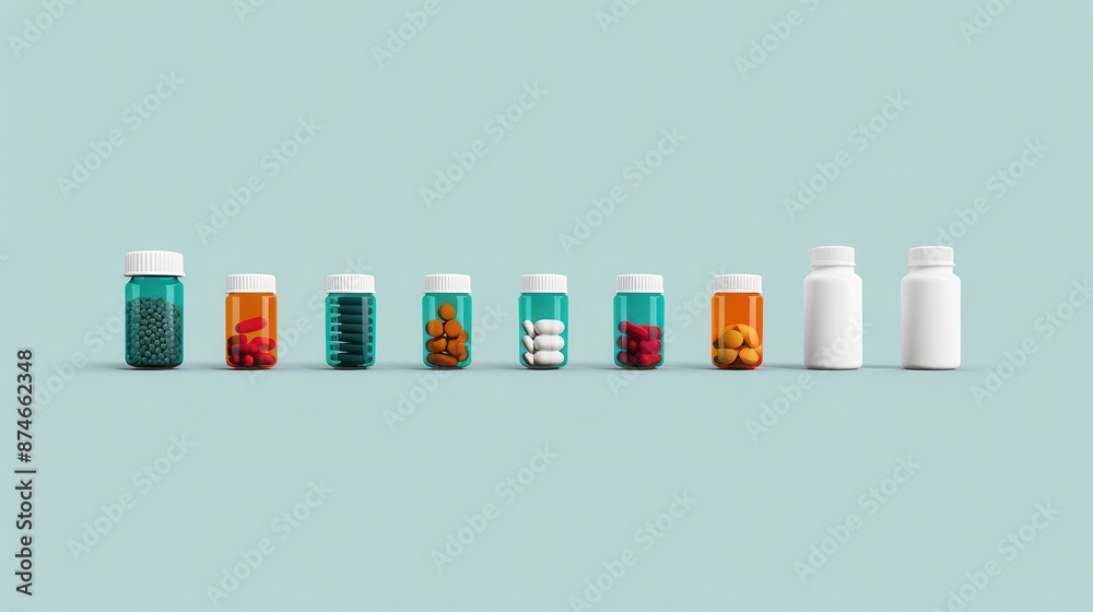 Assorted medicine bottles and pill containers arranged in a line on a ...