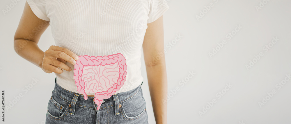 Woman hands holding intestine shape, healthy bowel digestion, leaky gut ...