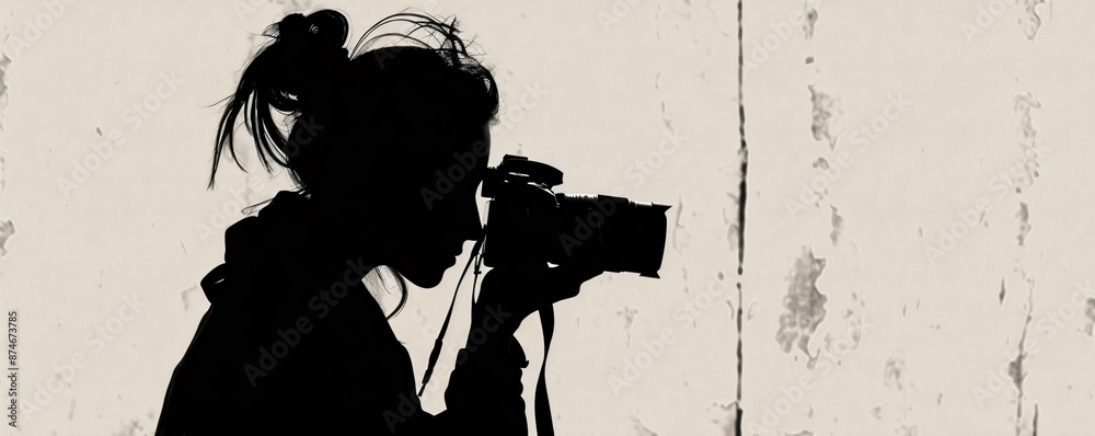 Silhouette woman leaning forward with a camera focusing intently on her ...