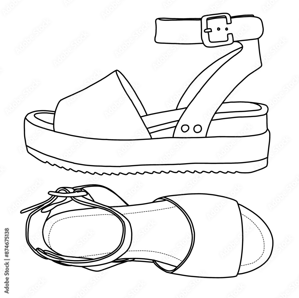 Women's Open Toe Buckle Ankle Strap Wedge Casual Sandal Line art ...