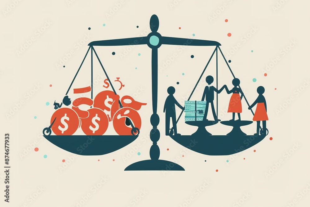 An illustration of two scales, one side with money and the other ...