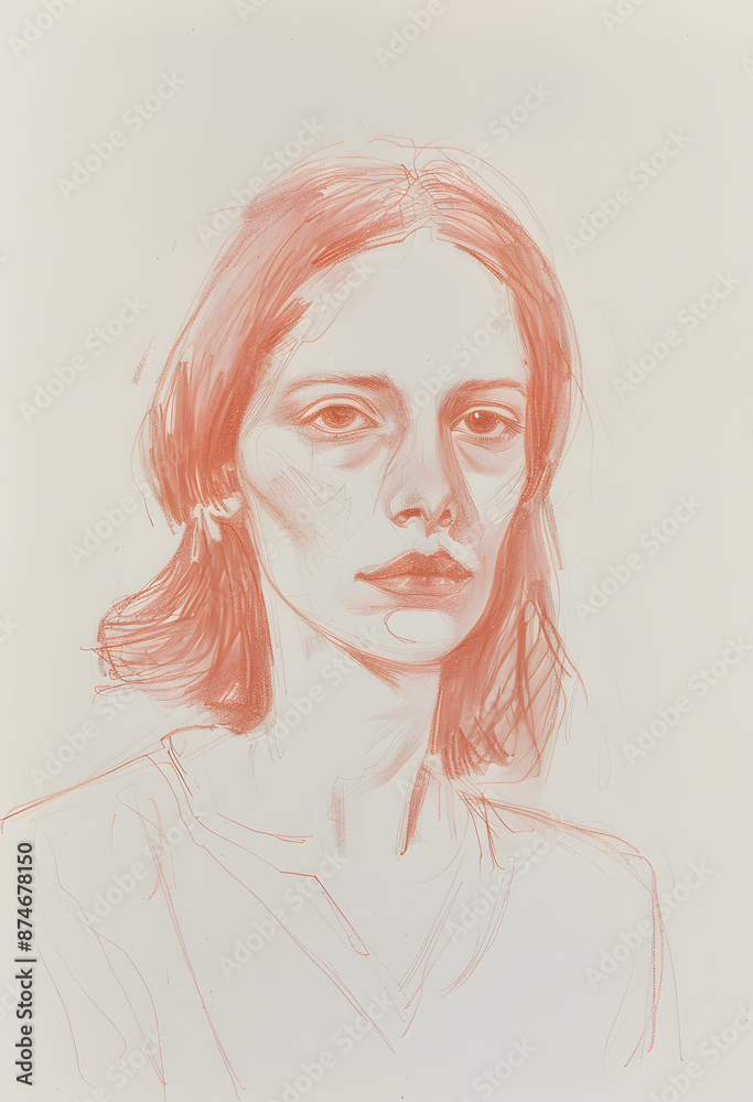 This elegant artwork depicts a woman sketched with soft lines and warm ...