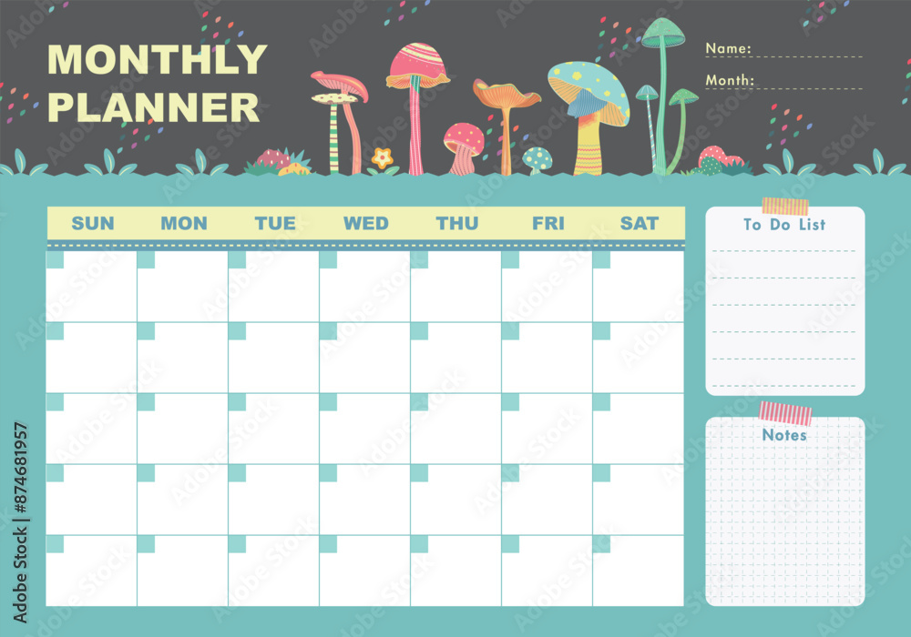 Vetor de Monthly planner with mushrooms and cute elements in flat ...