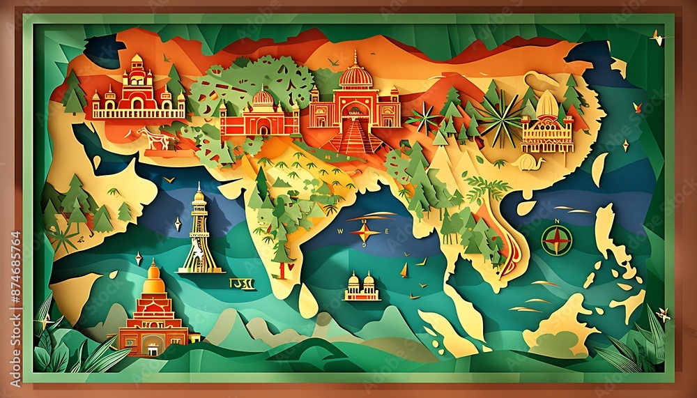 A detailed paper cut map of India, highlighting cultural landmarks and ...