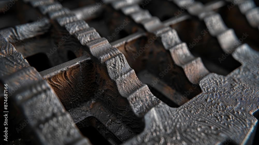 An upclose look at a blackened rugged manifold made of cast iron with ...