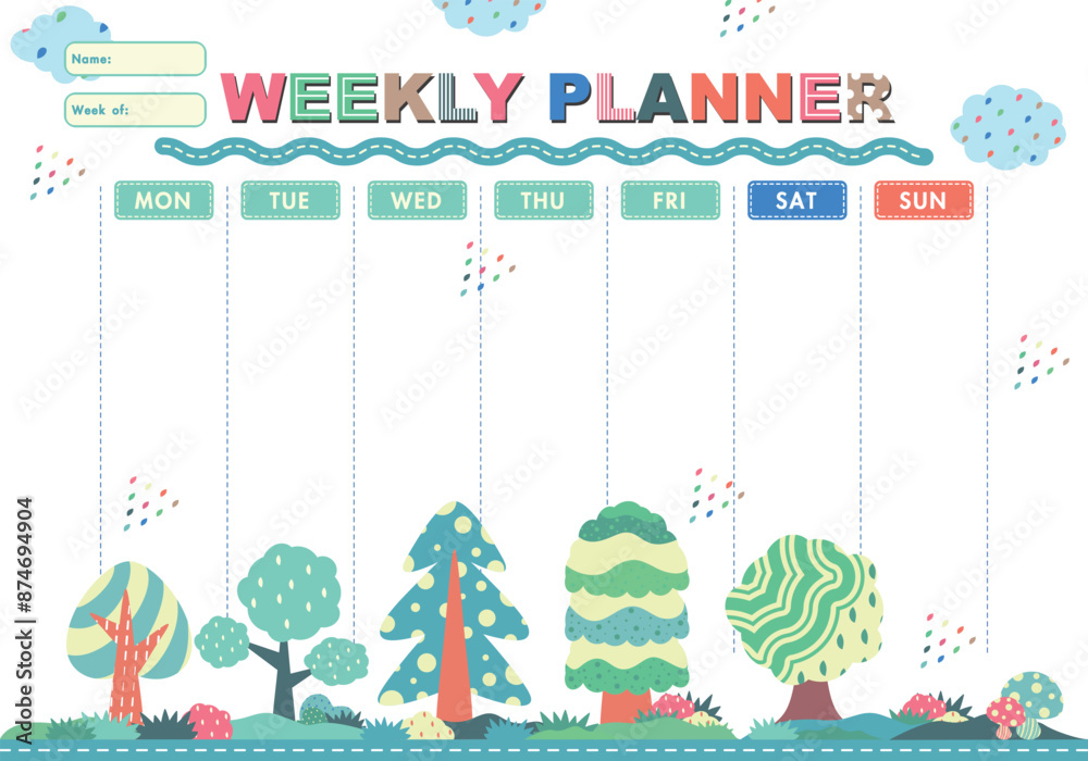 Vector kids schedule with nursery forest and cute elements. Pastel ...