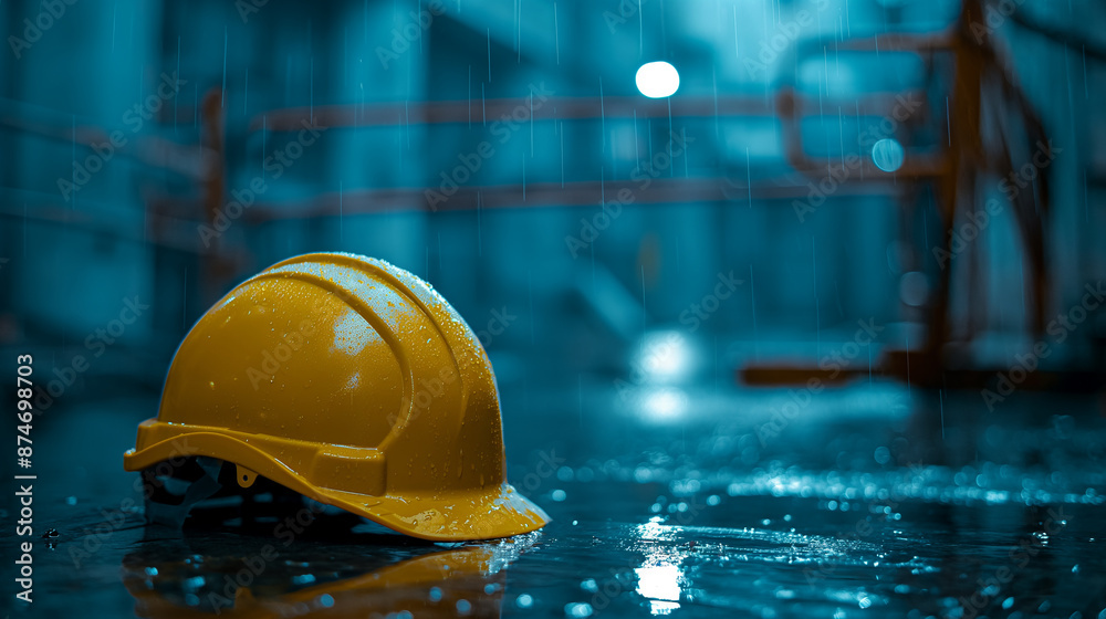 Yellow construction helmet on the floor of an industrial building, soft ...
