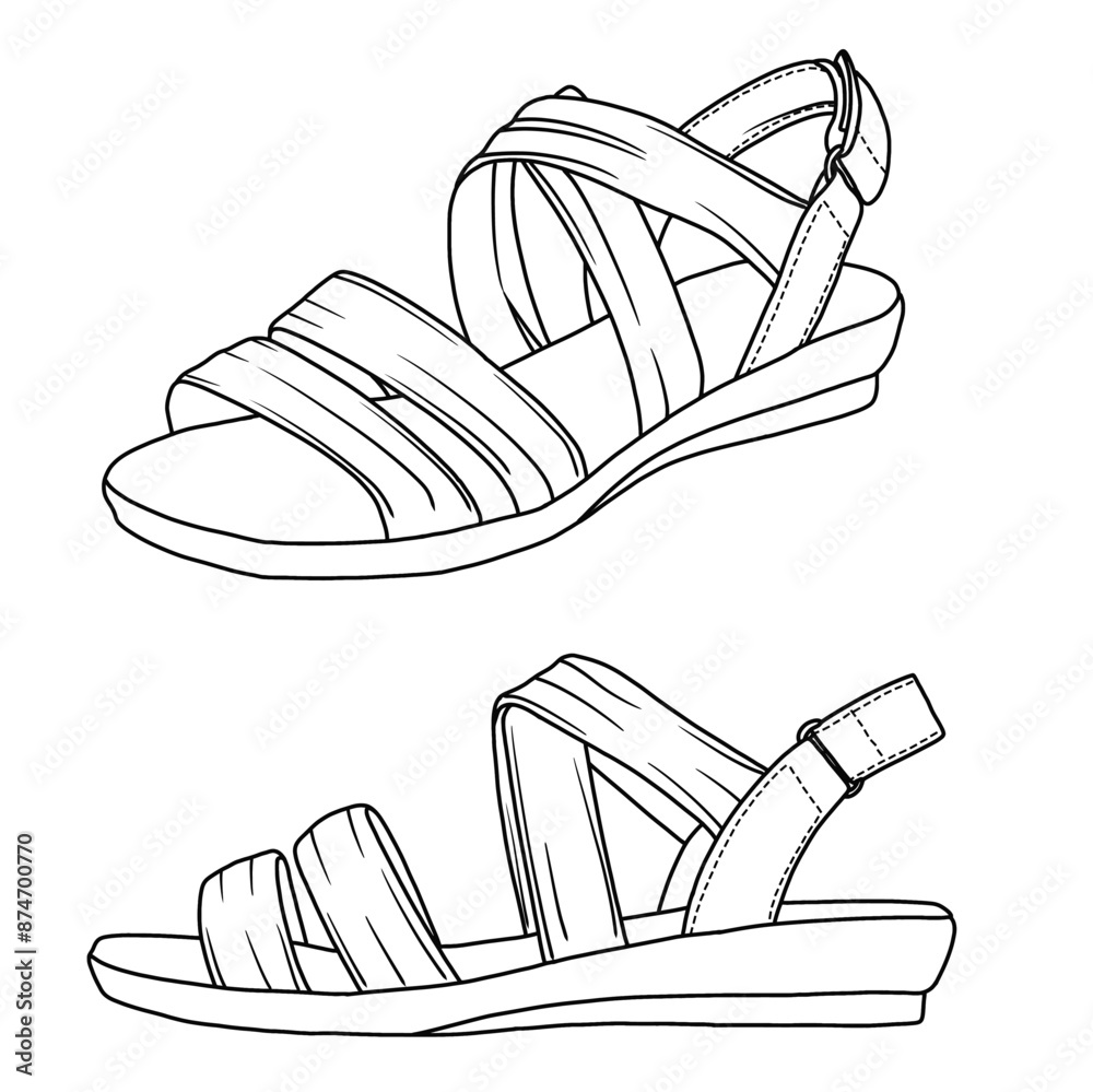 Women’s Flat Sandals, Soft Straps Slip-on Open Toe Line art, Technical ...