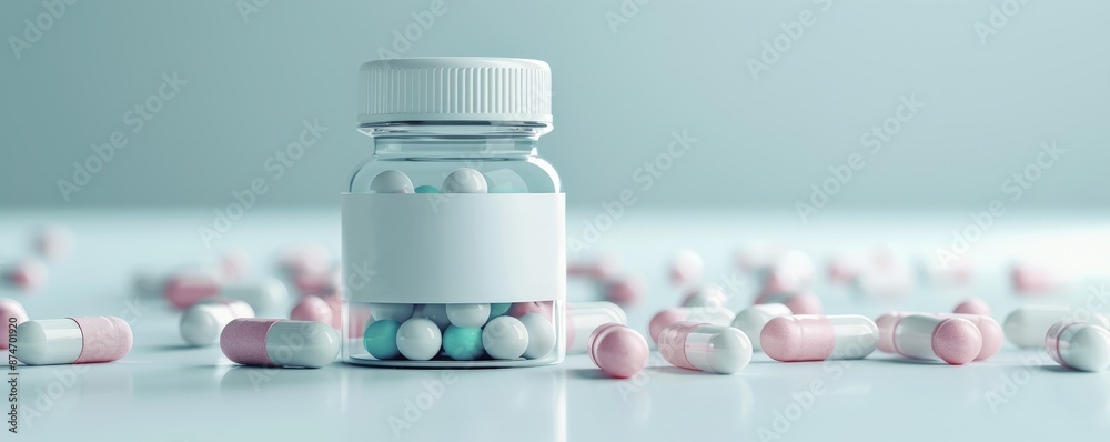 A white pill bottle with scattered pink and white capsules and tablets ...
