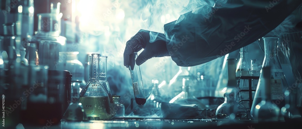 Lab scientist conducting an experiment with test tubes and beakers in a ...