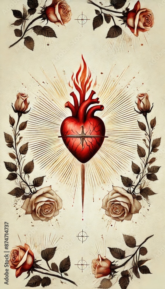 Immaculate Heart of Mary. Radiant red heart pierced by a sword to ...