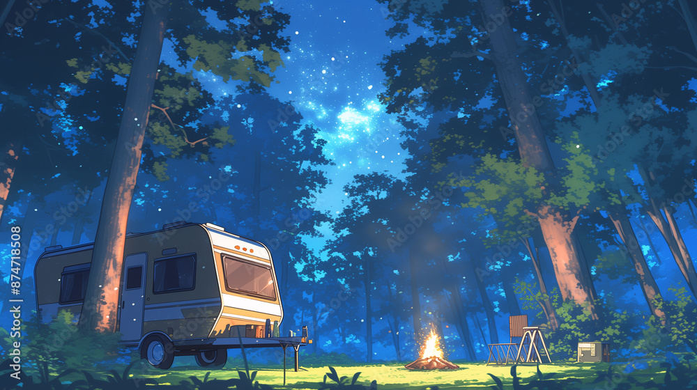 camper van in the woods with campfirer, starry night sky, illustration ...