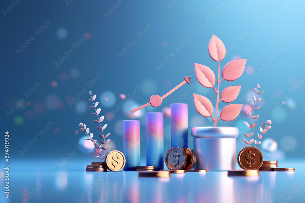 Abstract financial growth concept with a plant, coins, and bar charts ...