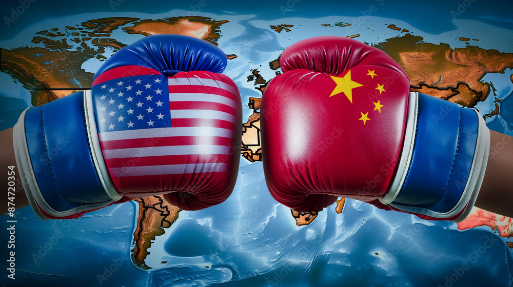 Boxing gloves with USA and China flag over world map for competing war ...