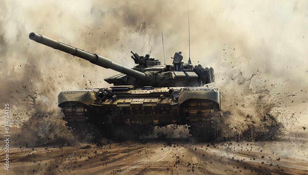 A detailed painting of a tank driving through a sandy desert. The tank ...