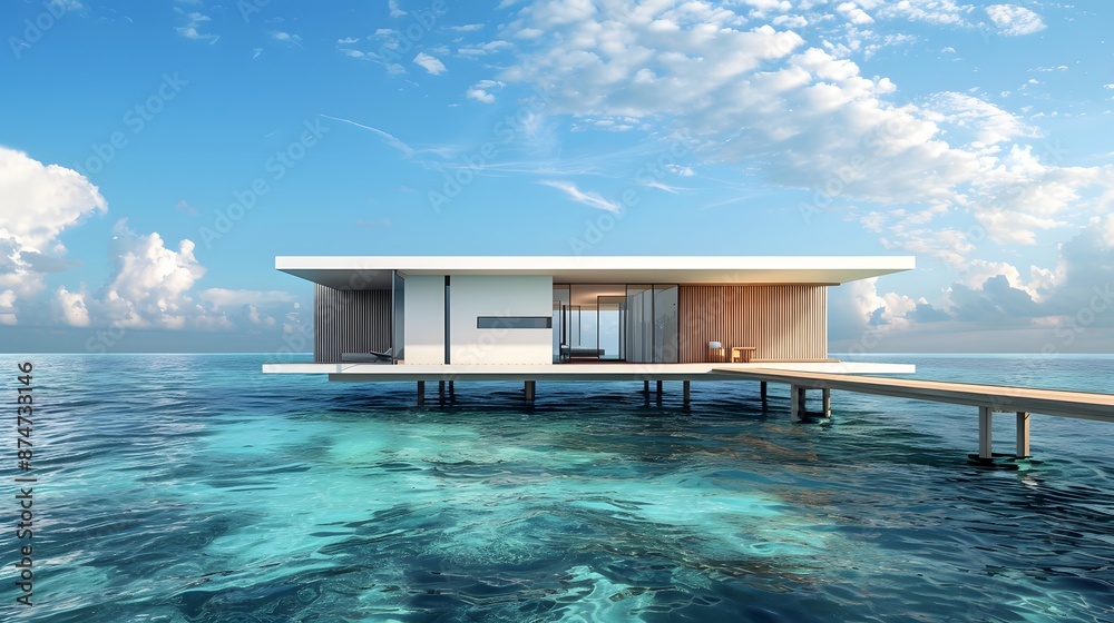 An architectural rendering of a small luxury home on stilts over water ...