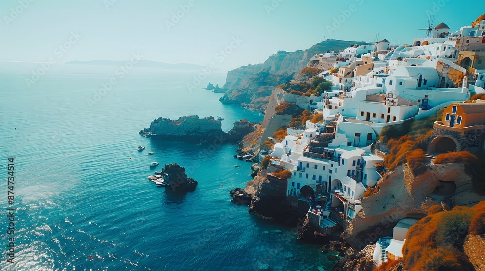 Cinematic photo of the most beautiful island in Greece, white buildings ...