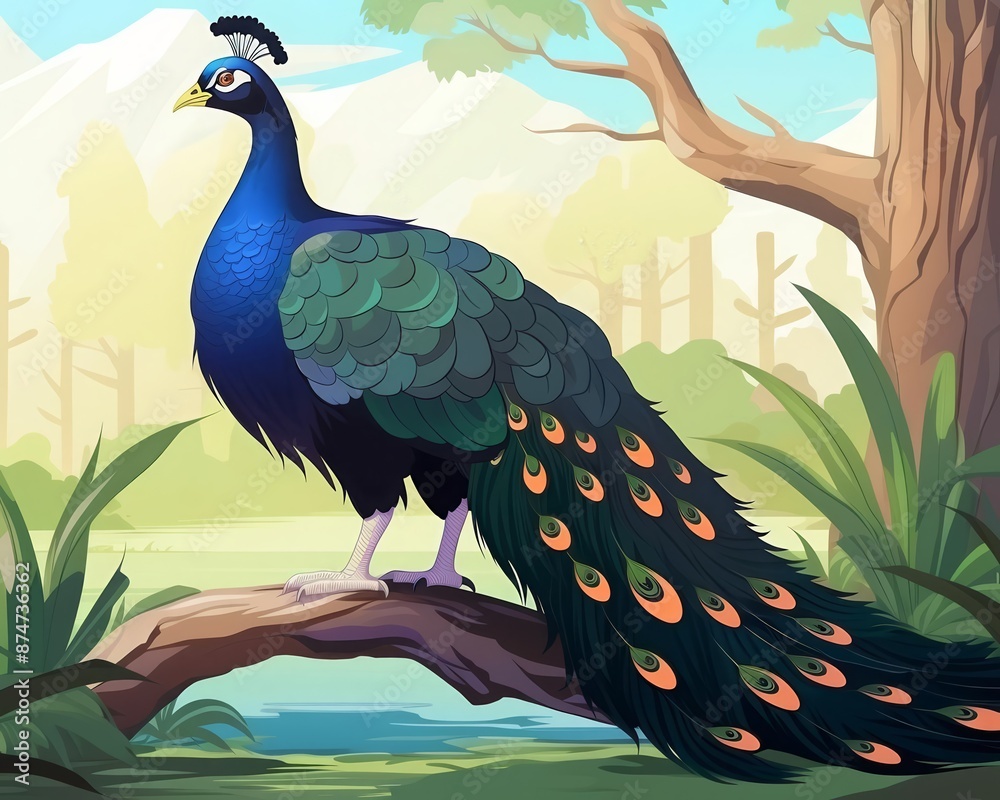 Elegant peacock spreading tail cartoon flat design side view aviary ...