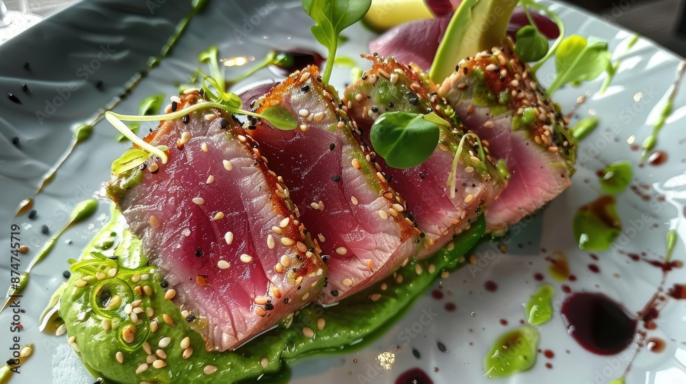 Elegant gourmet plate with seared ahi tuna, wasabi mayo, and sesame ...