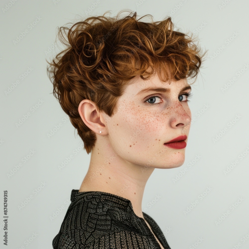 Woman with a short, curly pixie cut, looking chic, wearing a stylish ...