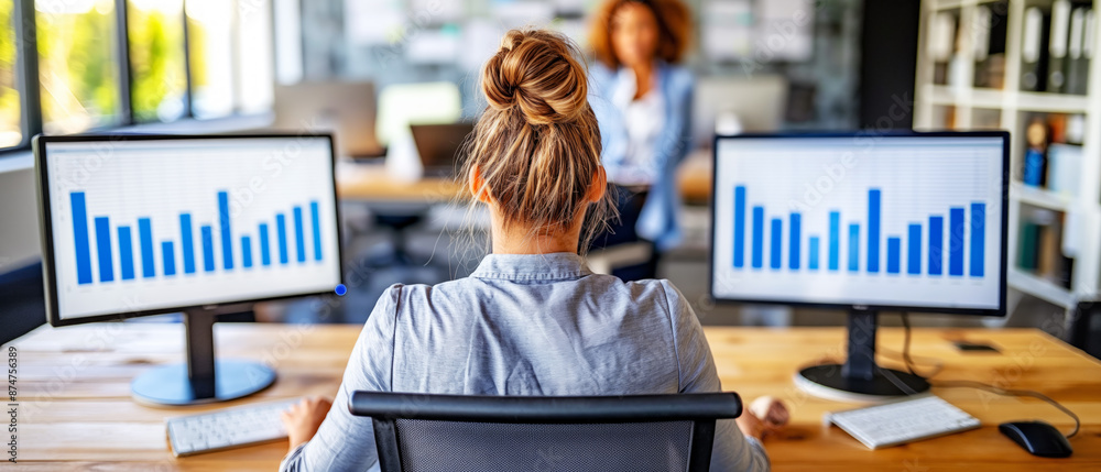 A professional woman analyzing data charts on dual monitors, office ...