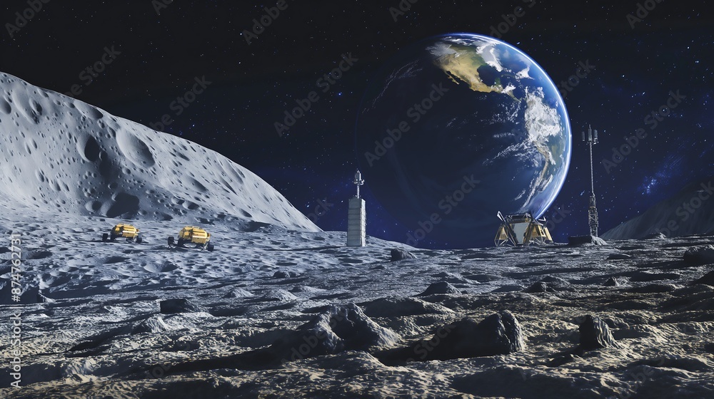 Stunning Earthrise Over Moon Base with Lunar Rovers, Communication ...