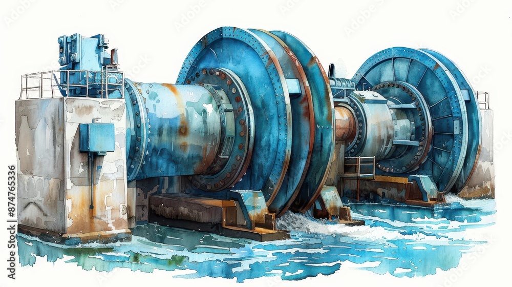 Industrial water turbine machinery with steel structures and rusted ...