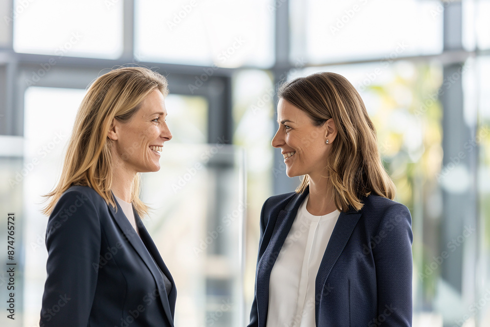 Two professional women in business attire smiling at each other in a ...
